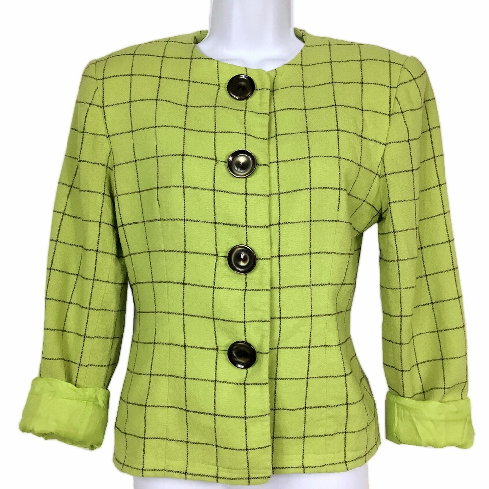 Vintage Neon Chartreuse Windowpane Plaid Jacket - Gem